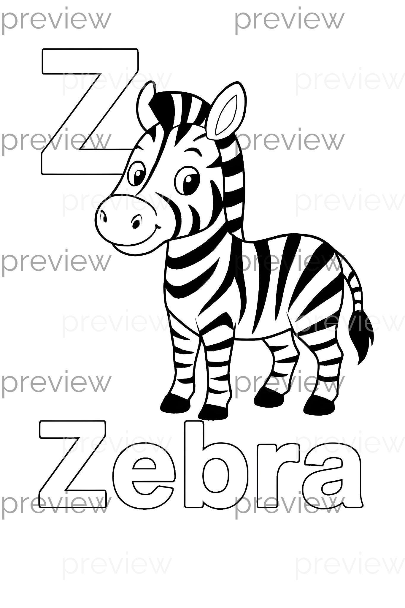 Cartoon Zebra Coloring Page: Letter Z Activity (digital Download) - Etsy