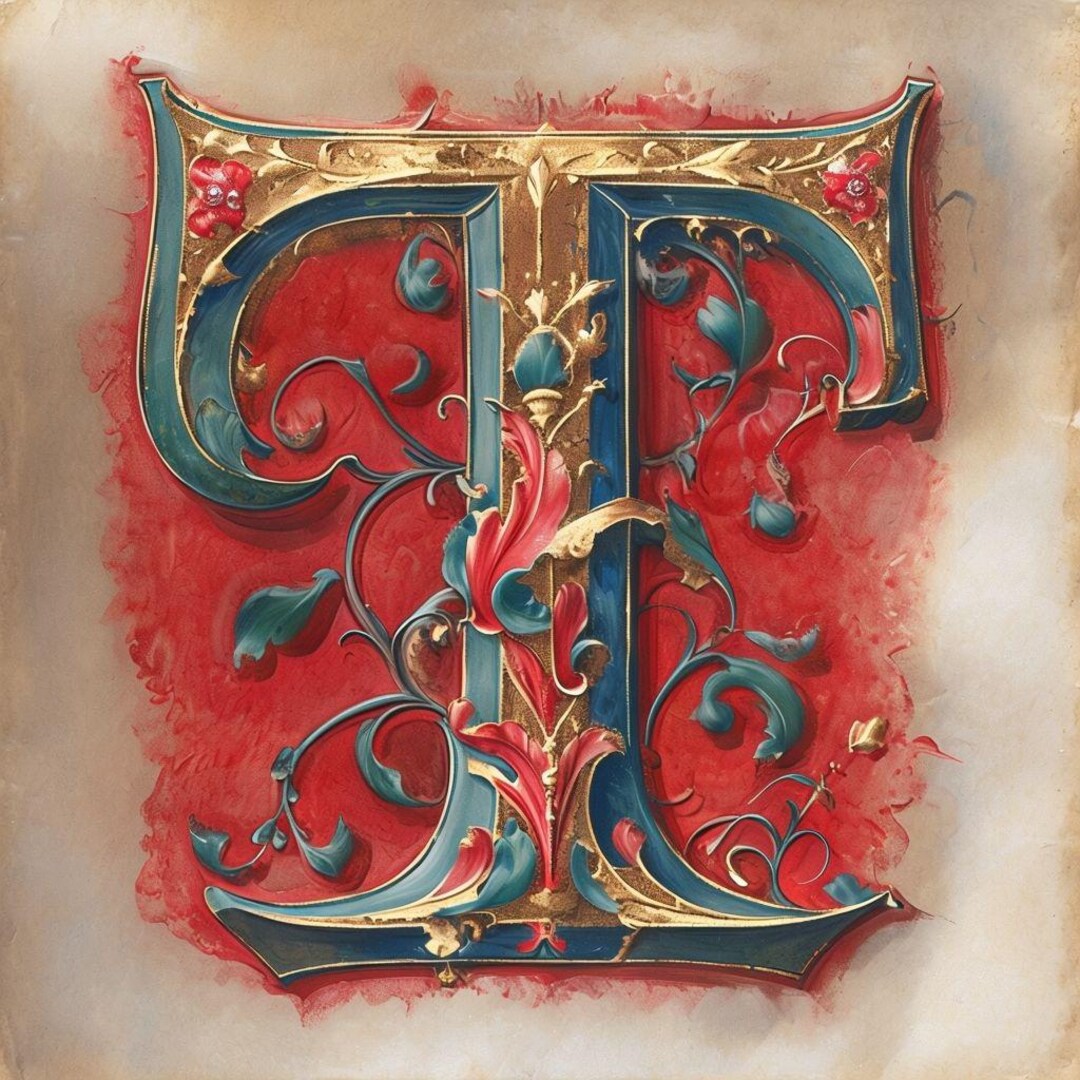 Ornate Letter T With Floral Designs in Green and Gold on Vibrant Red ...