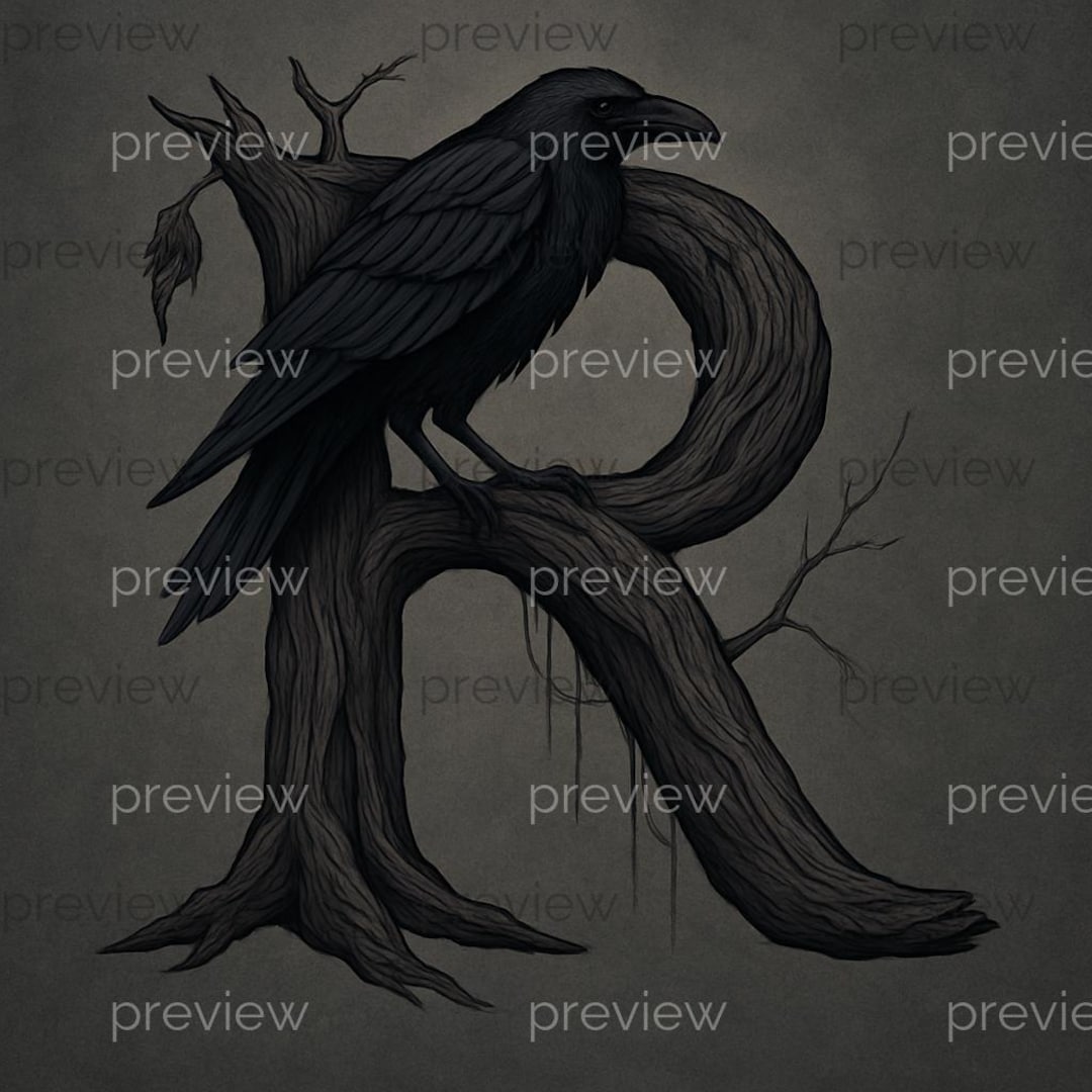 R Twisted Tree Branch Letter R With Raven - Gothic Digital Art for ...