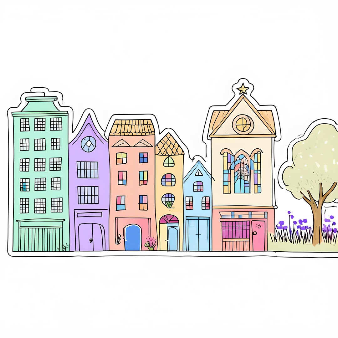 Whimsical Colorful Buildings Clipart for Instant Download - Vibrant ...