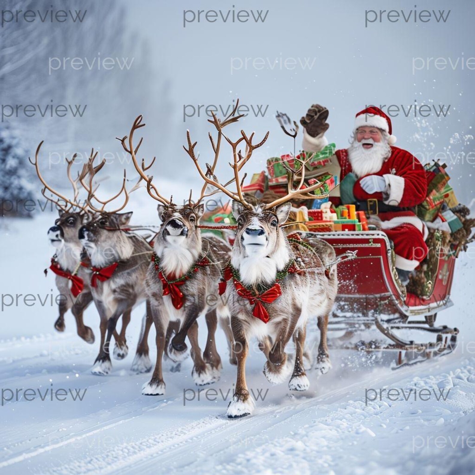 Santa Claus in a Red Sleigh With Reindeer Delivering Gifts in a Classic ...