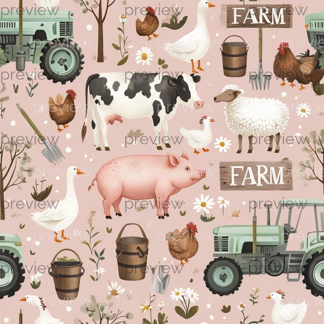 Whimsical Farm Scene With Playful Animals and Floral Motifs - Instant ...