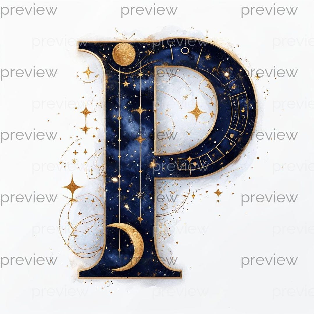 P Celestial P Letter Art - Navy Blue and Gold Night Sky Design ...