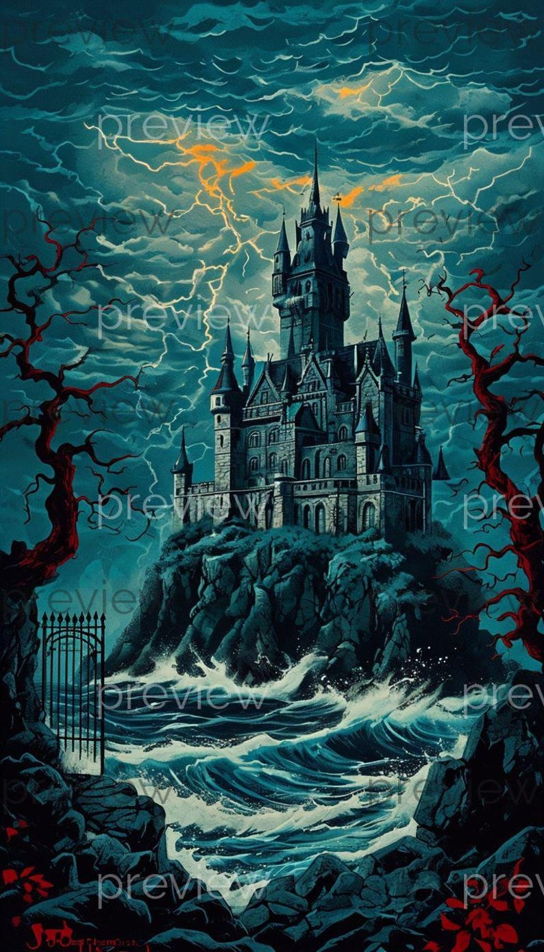 Gothic Castle on Cliff - Eerie Lightning Storm - Dramatic Fantasy ...