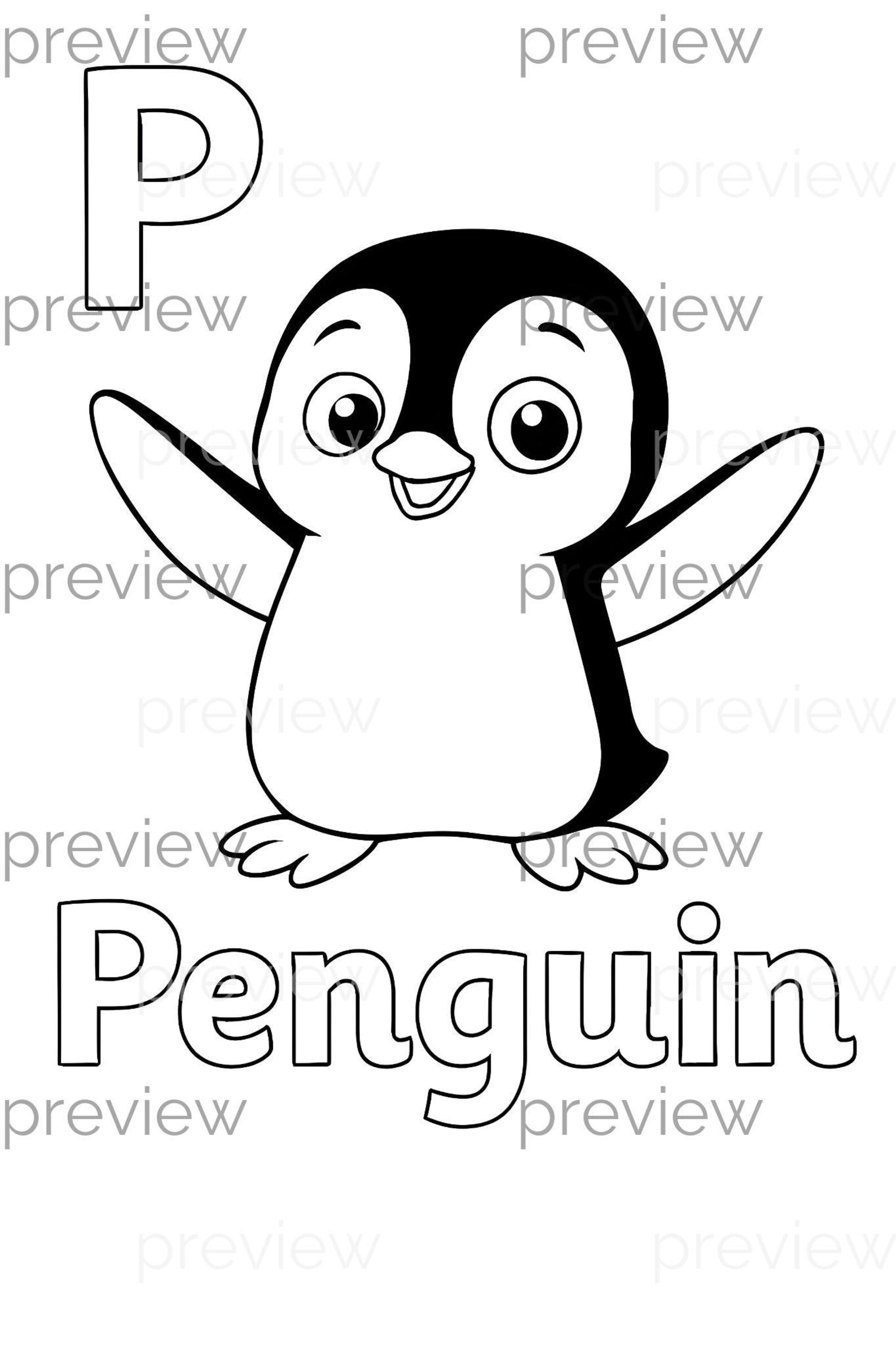 Penguin Coloring Page: Letter P, Kids' Educational Art (digital ...
