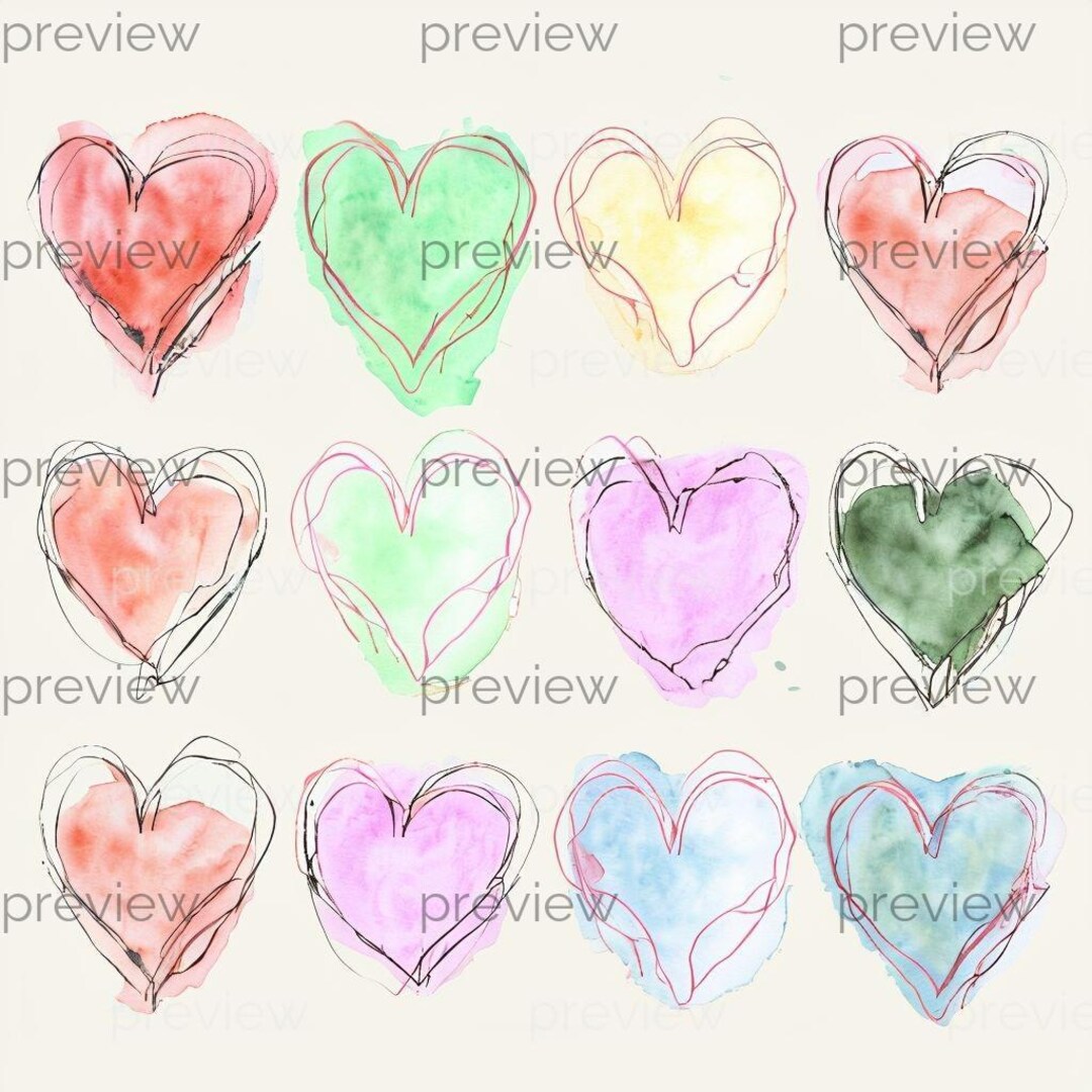 Whimsical Heart Shapes Watercolor Art - Playful Digital Print for ...