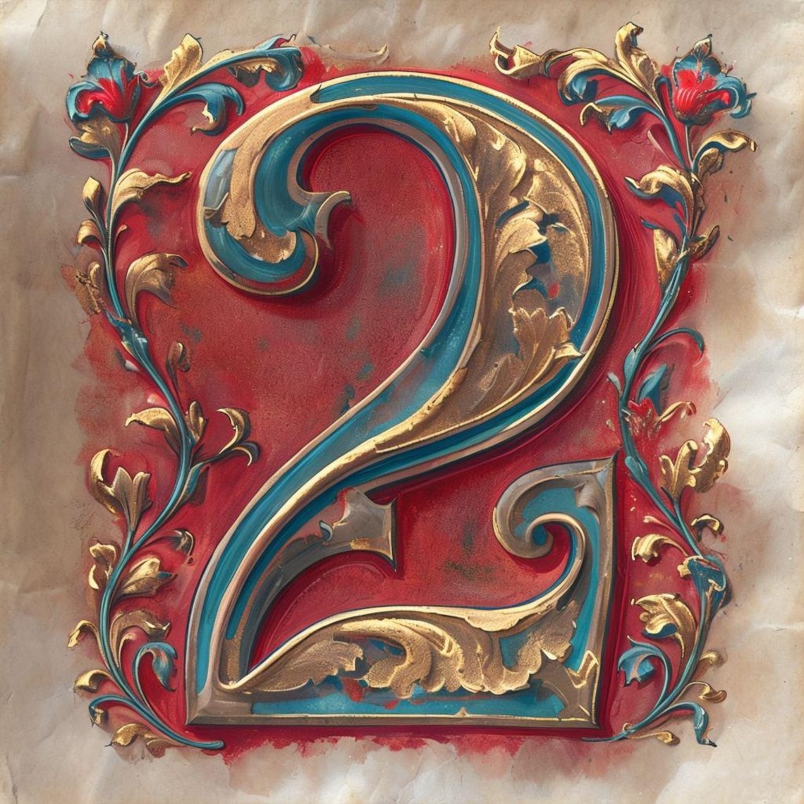 Ornate Decorative Number 2 With Floral Motifs in Gold and Teal ...