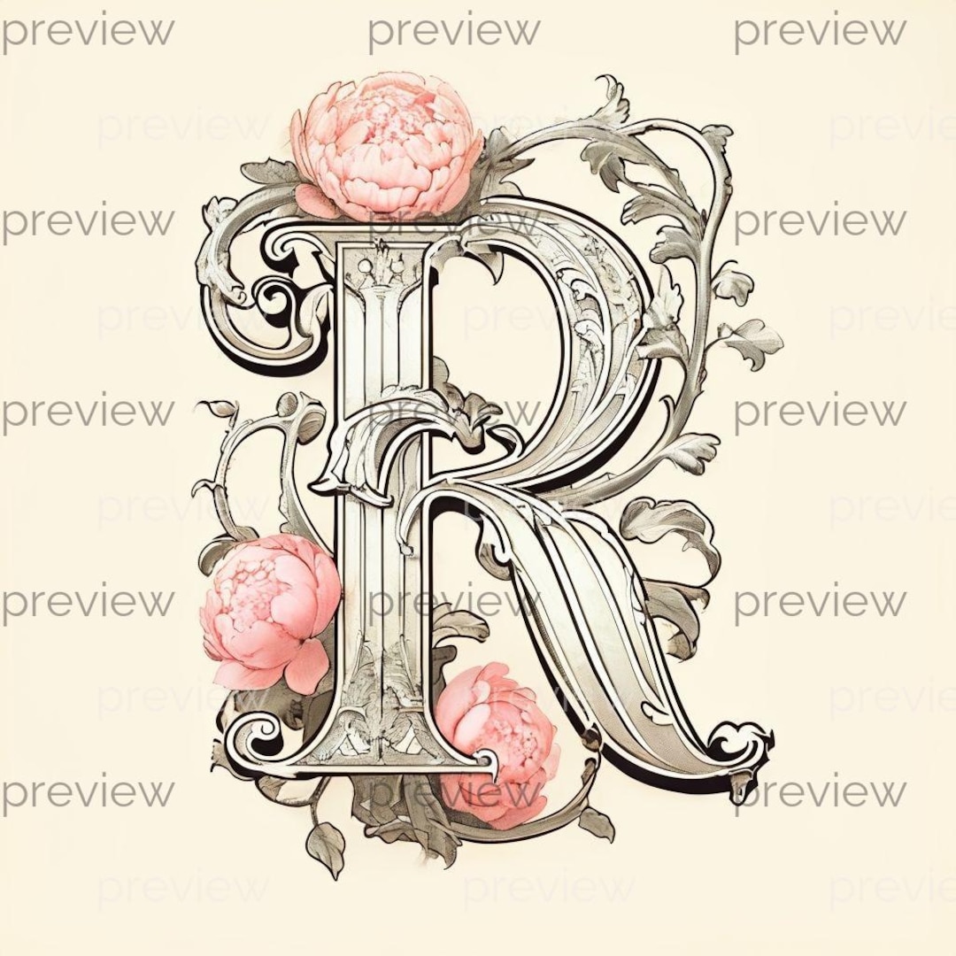 Ornate Floral Letter R Art - Vintage Style With Peonies - Digital Art ...