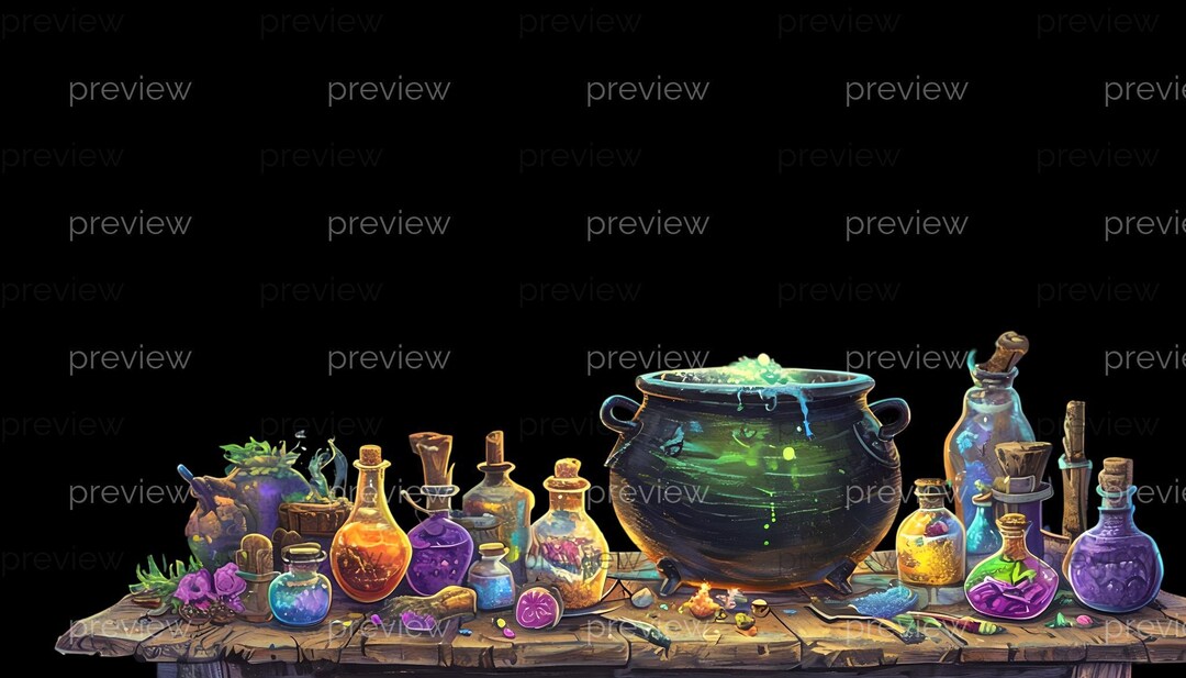 Whimsical Potion-making Scene With Bubbling Cauldron and Colorful ...