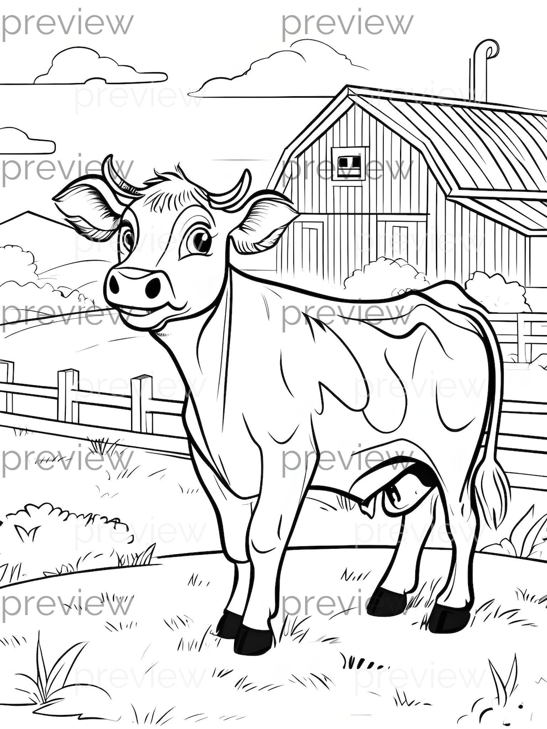 Playful Cow in Pastoral Setting Coloring Page for Kids - Perfect for ...