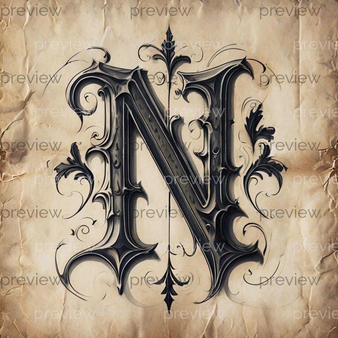 N Ornate Letter N in Dark Metallic Style With Decorative Flourishes ...