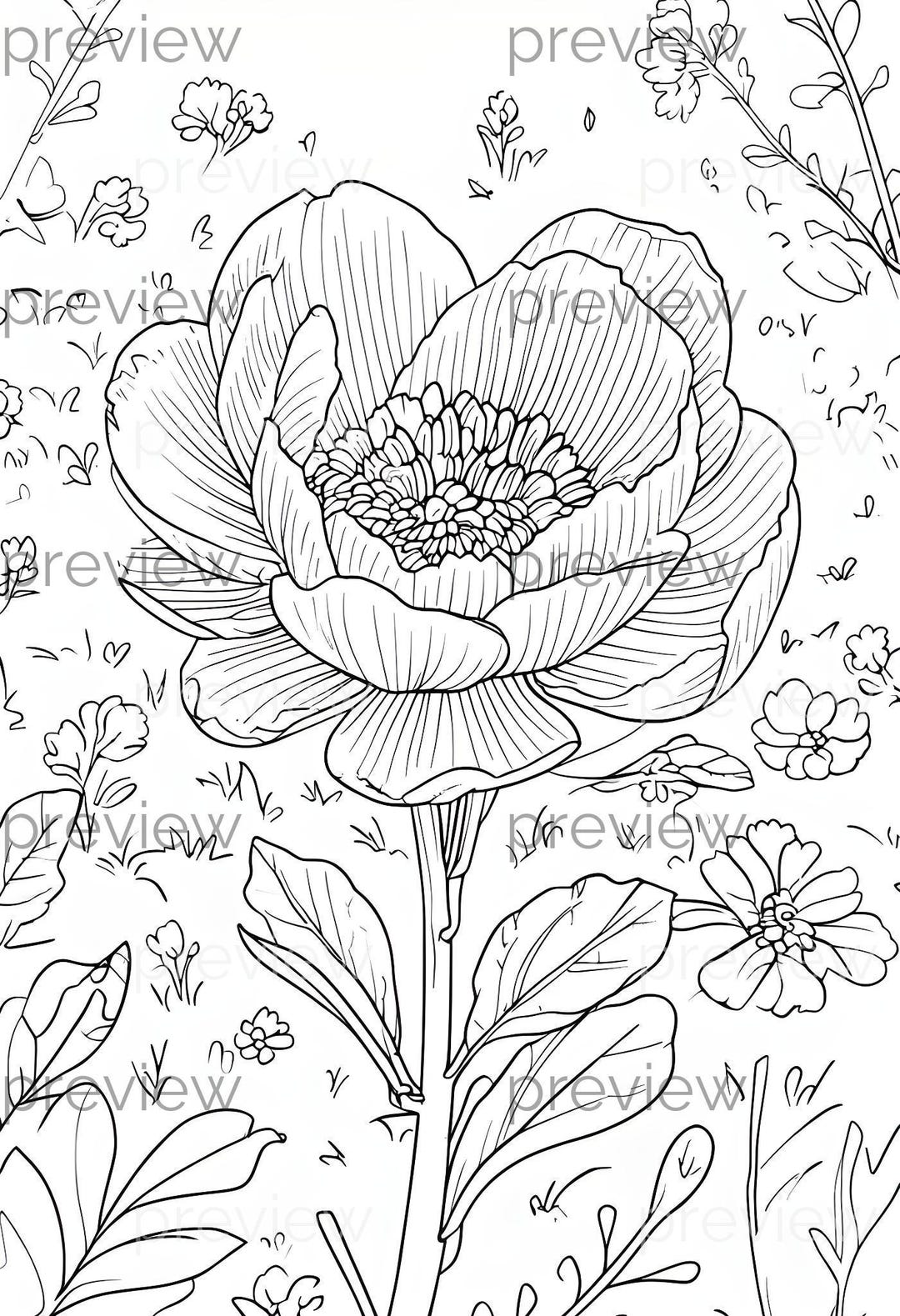 Intricate Peony Flower Line Drawing Seamless Pattern for Digital Paper ...
