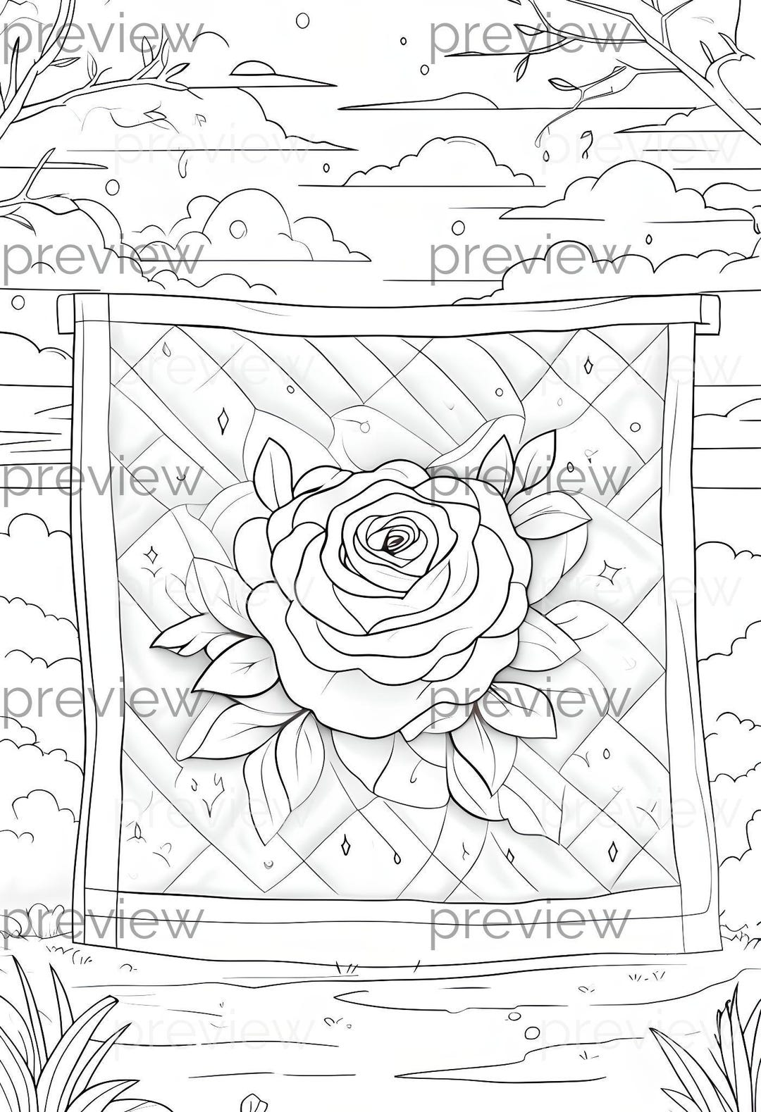 Serene Rose Floral Design With Quilted Background - Seamless Pattern ...