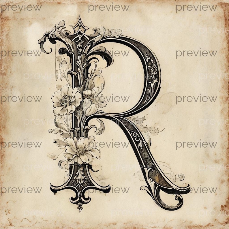 Ornate Floral Letter R Vintage Design - Intricate Monochrome Digital ...