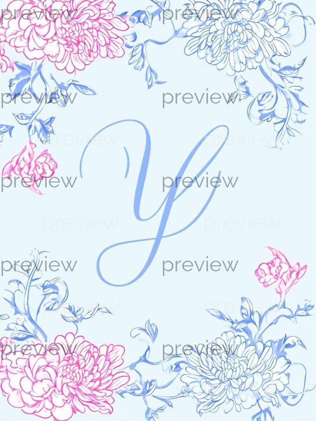 Y Elegant Floral Letter Y Printable Art - Light Blue Background With ...
