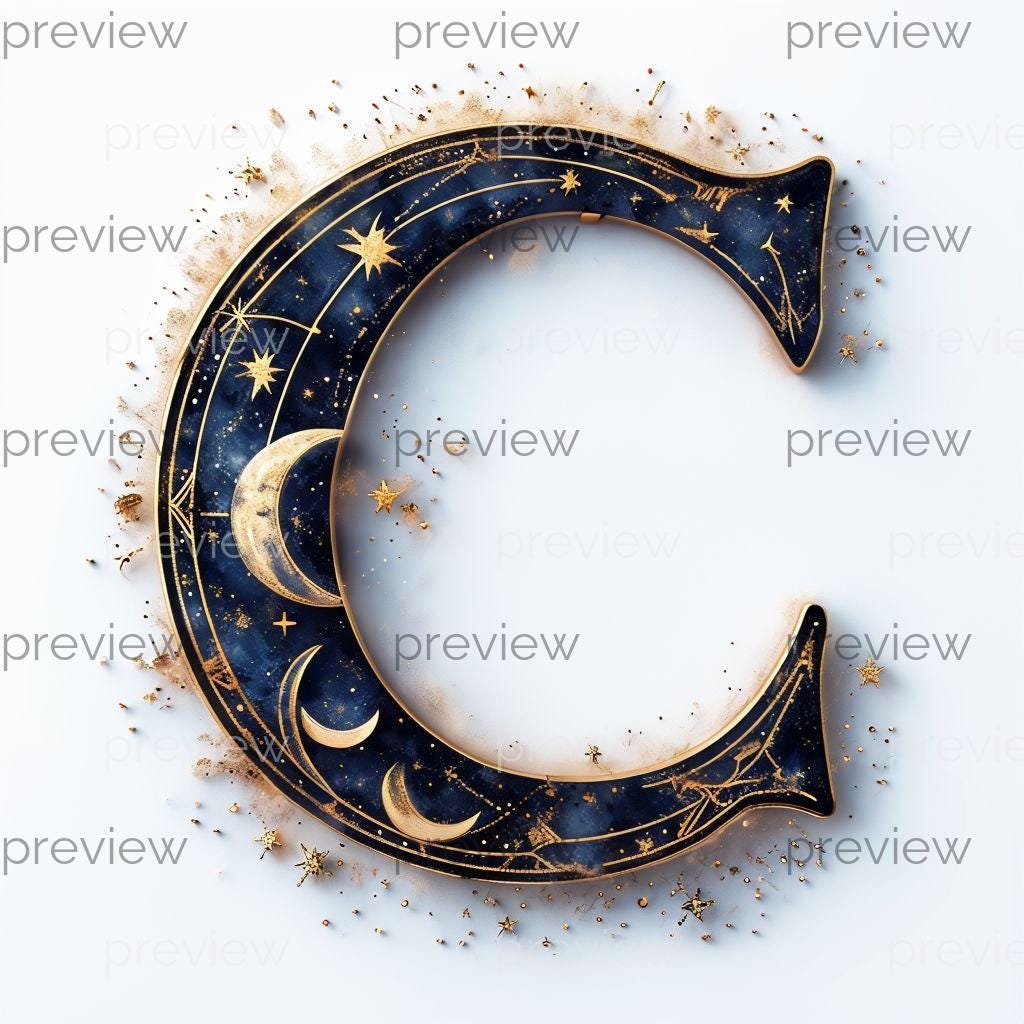C Celestial Letter C Design - Ornate Dark Blue and Gold With Stars and ...