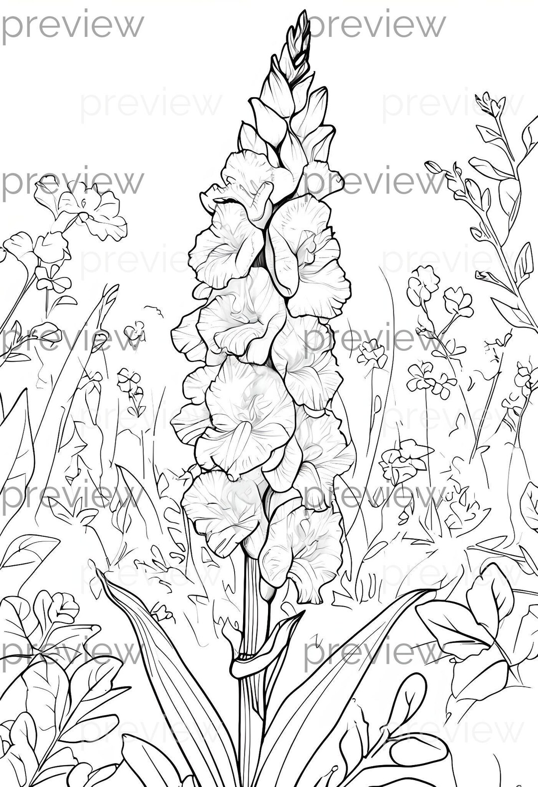Elegant Gladiolus Flower Spike Line Drawing for Seamless Pattern and ...