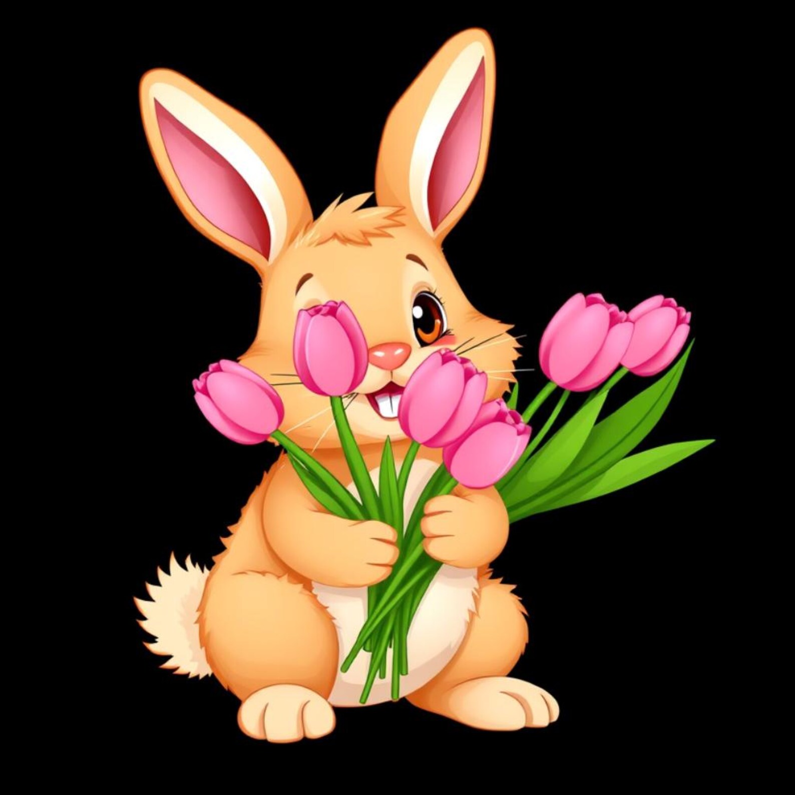 Easter Bunny Clipart: Cartoon Rabbit With Pink Tulips (digital Download ...