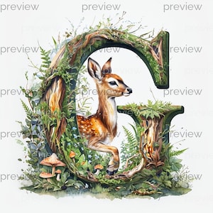 G Stylized Letter G With Fawn and Nature Elements - Digital Art ...