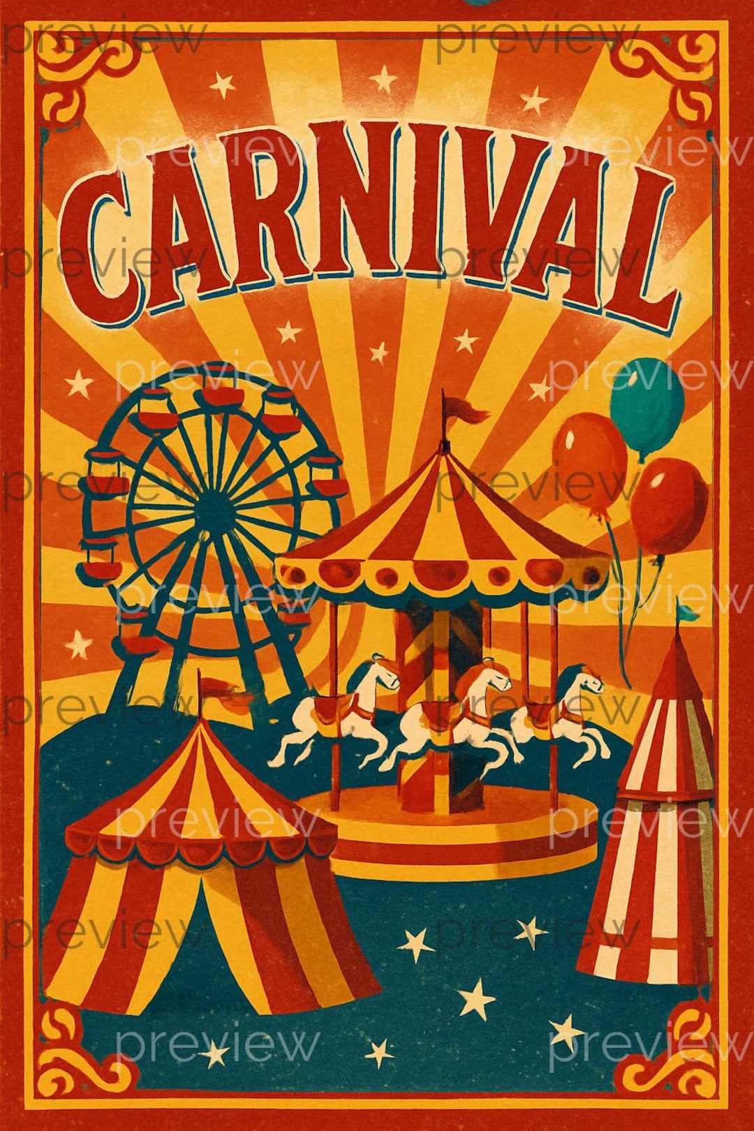 Vibrant Vintage Carnival Poster With Carousel, Ferris Wheel, and ...