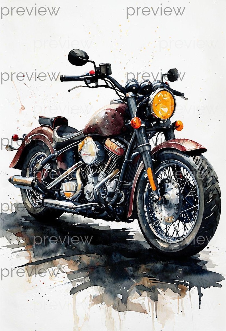Classic Cruiser Motorcycle Watercolor Art - Vintage Burgundy Bike With ...