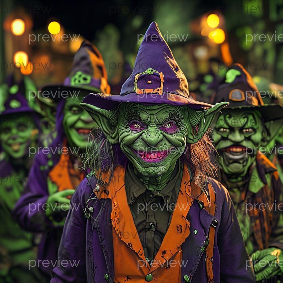 Whimsical Green-skinned Goblins in Colorful Attire - Printable Digital ...