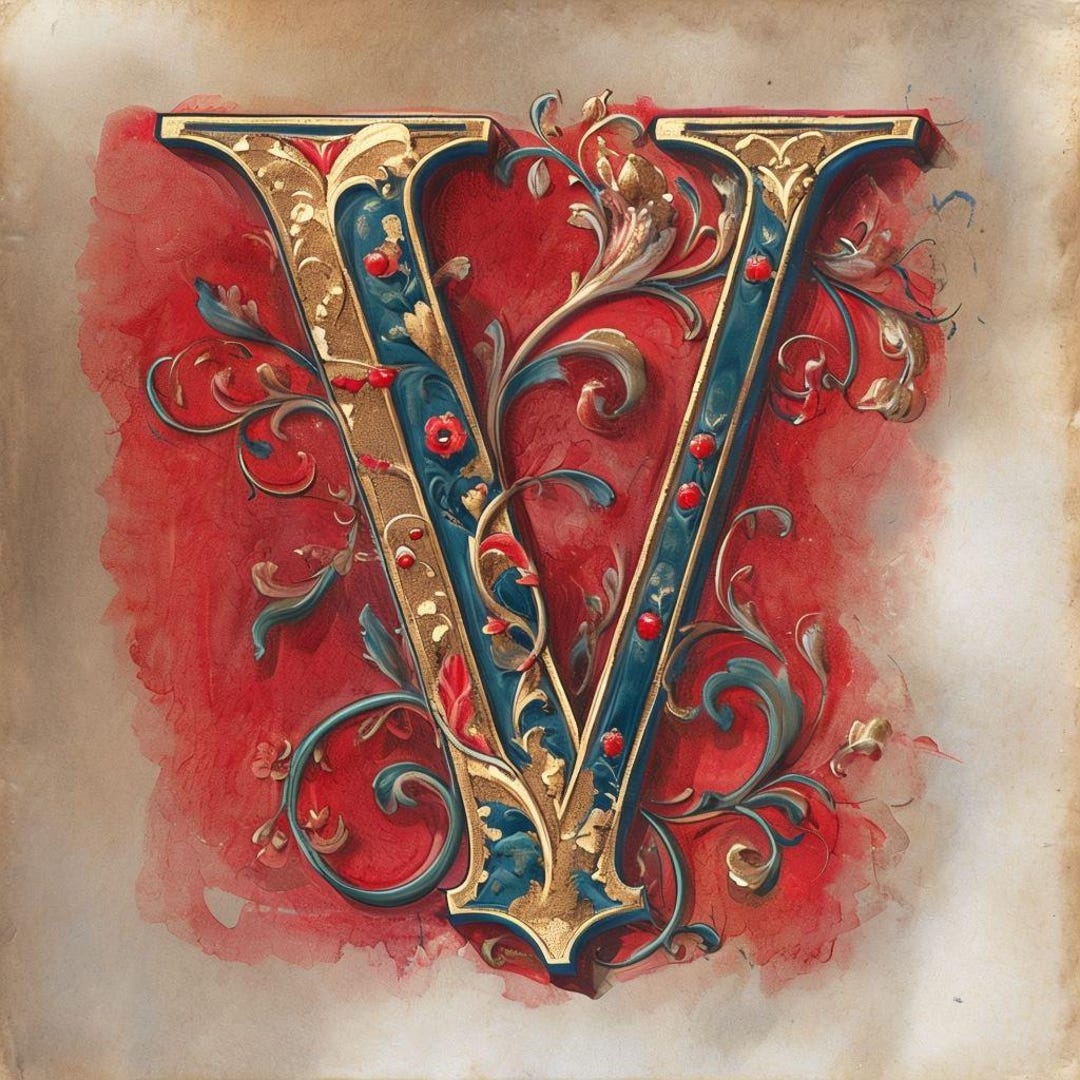 Ornate Decorative Letter V With Floral Patterns in Gold, Blue, and Red ...