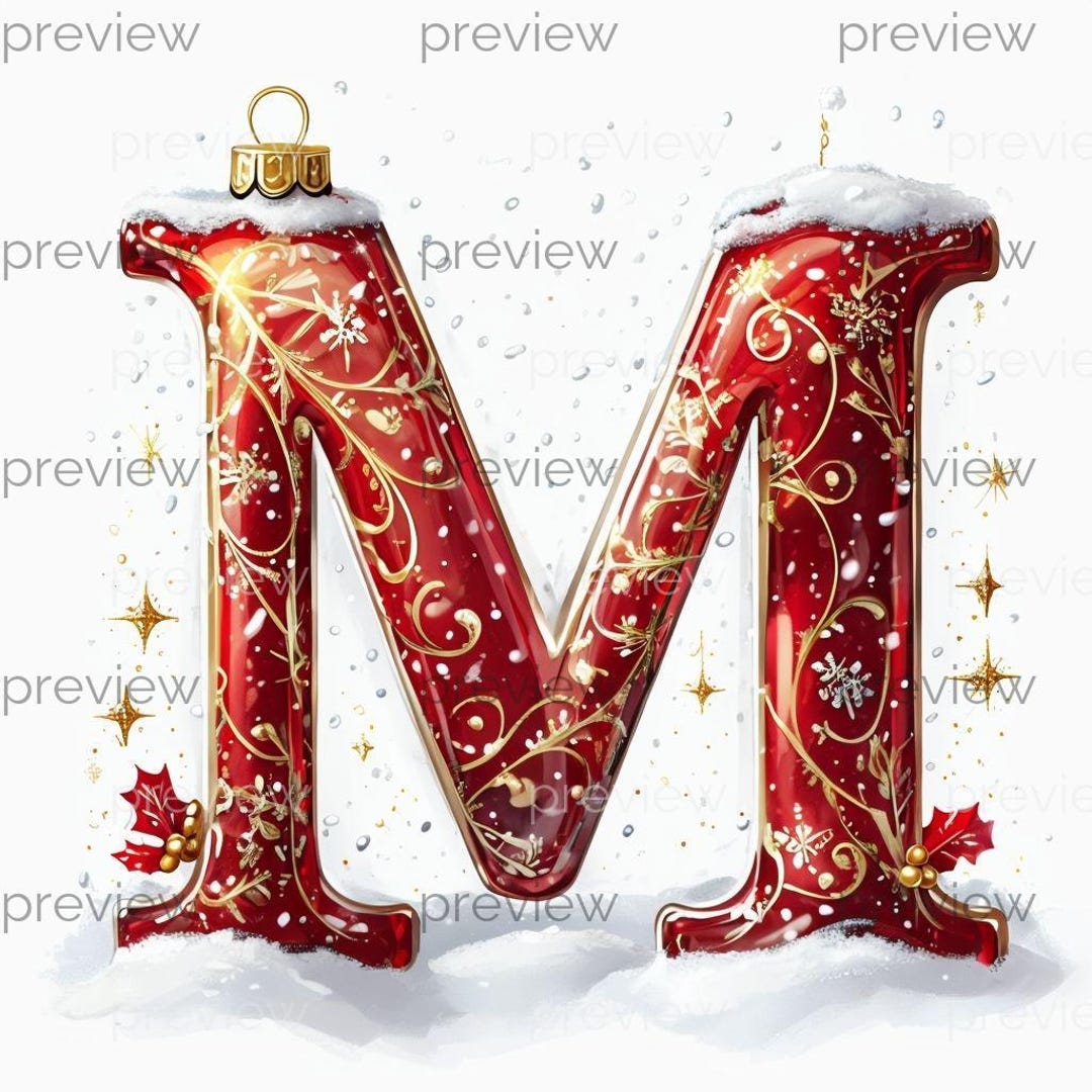 M Festive Letter M - Vibrant Red With Golden Swirls and Snowflakes for ...