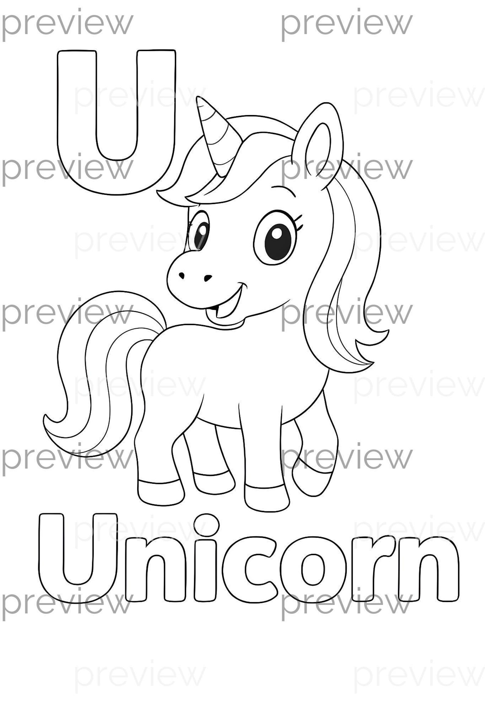 Playful Unicorn Coloring Page: Letter U, Seamless Pattern (digital ...