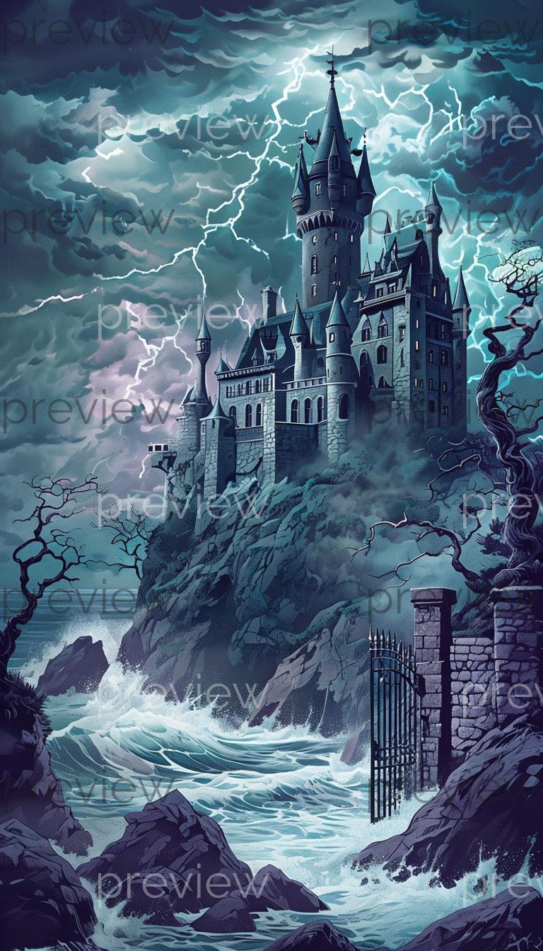 Gothic Castle on Rocky Cliff Under Stormy Skies - Dark Fantasy Artwork ...
