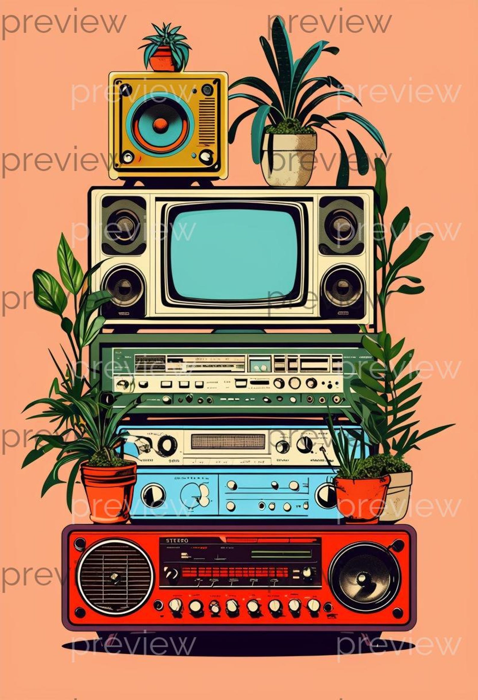 Retro Audio Visual Stack With Vintage Equipment and Potted Plants in ...