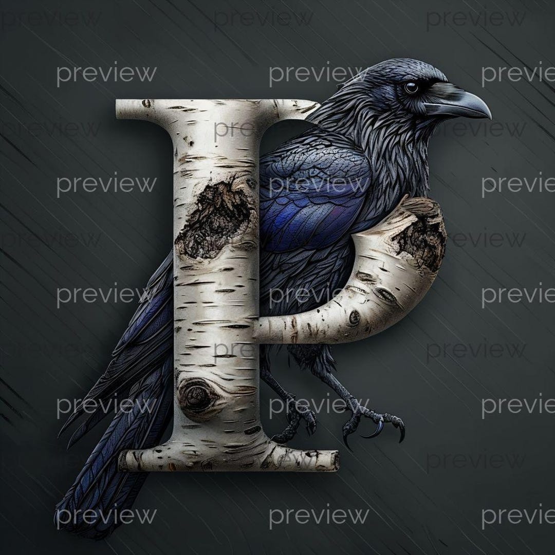 Captivating Raven Perched on Birch Wood Letter P - Unique Digital Art ...