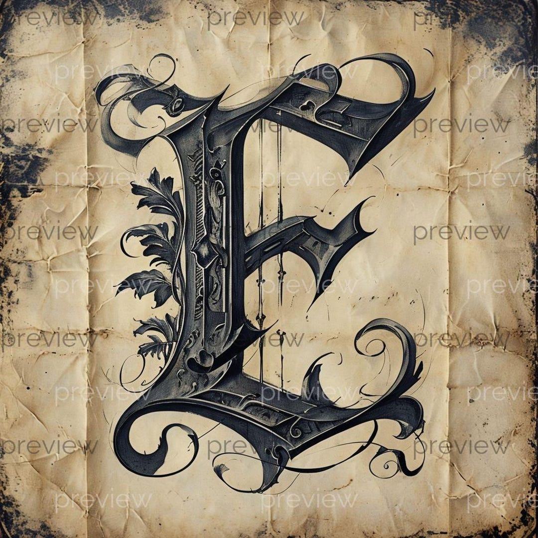 Ornate Gothic Letter E Digital Art - Intricate Flourishes on Aged ...