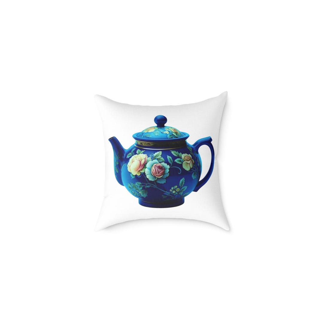 Blue Floral Teapot Pillow | Square Canvas Decorative Pillow - Etsy