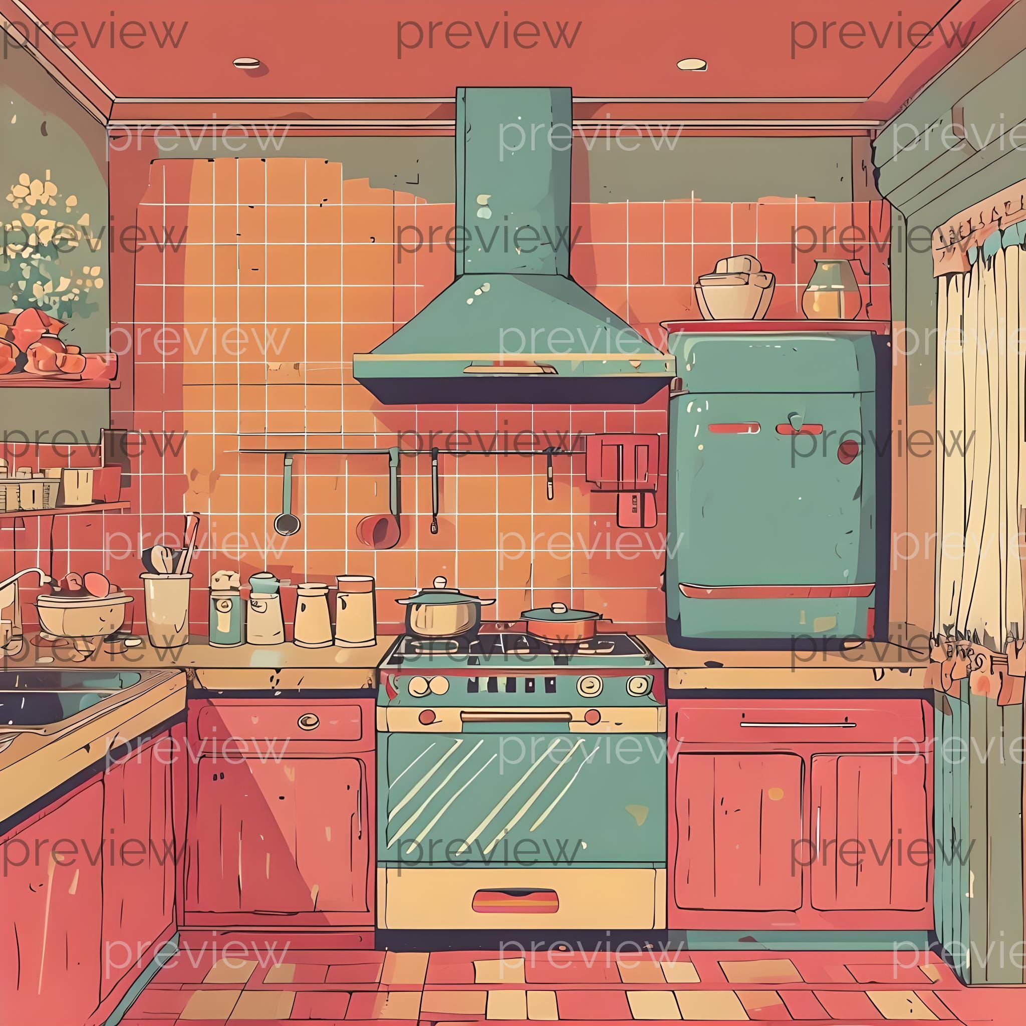 Cozy Cartoon Kitchen With Vintage Refrigerator and Cheerful Decor ...