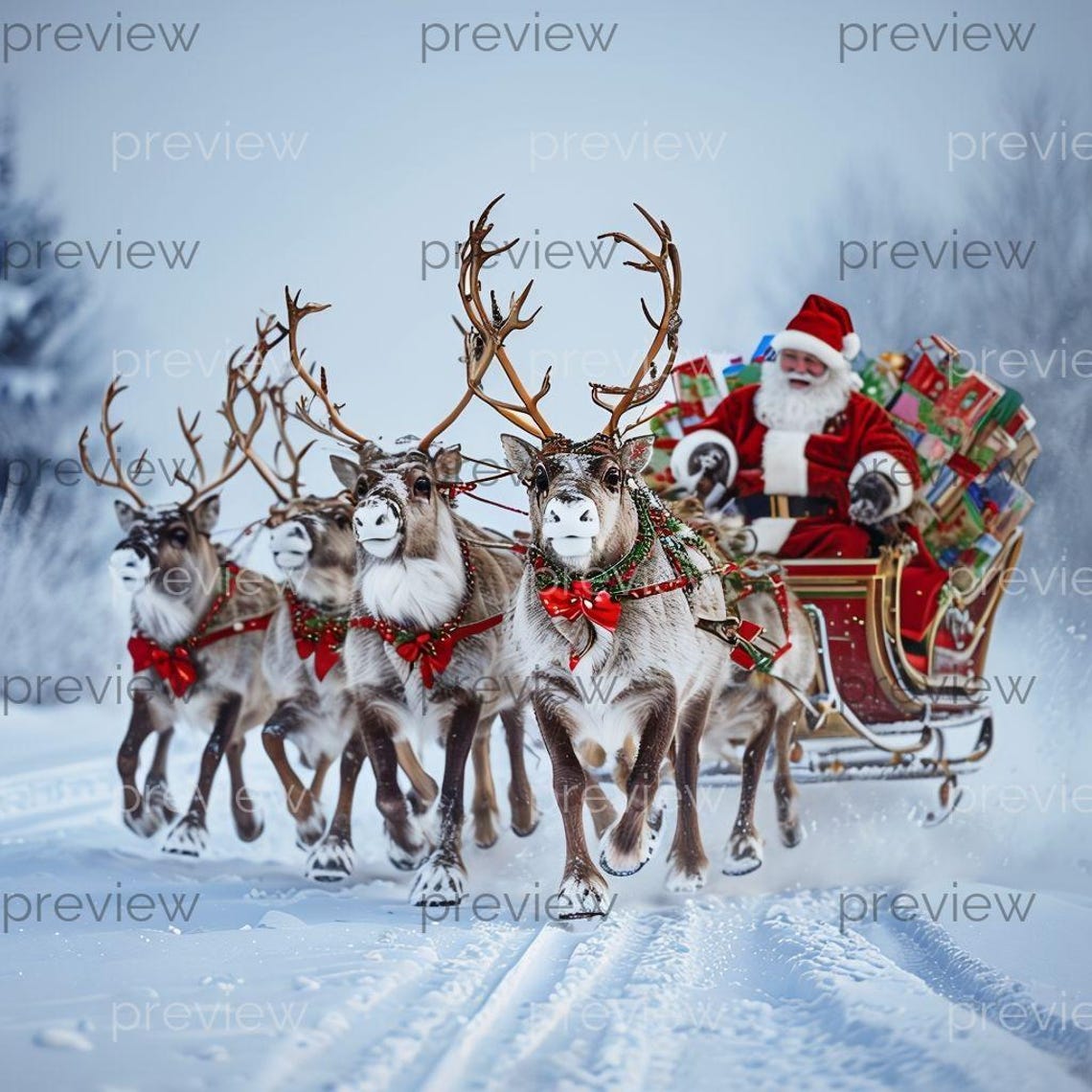 Festive Winter Scene With Santa Claus in Sleigh Pulled by Reindeer ...