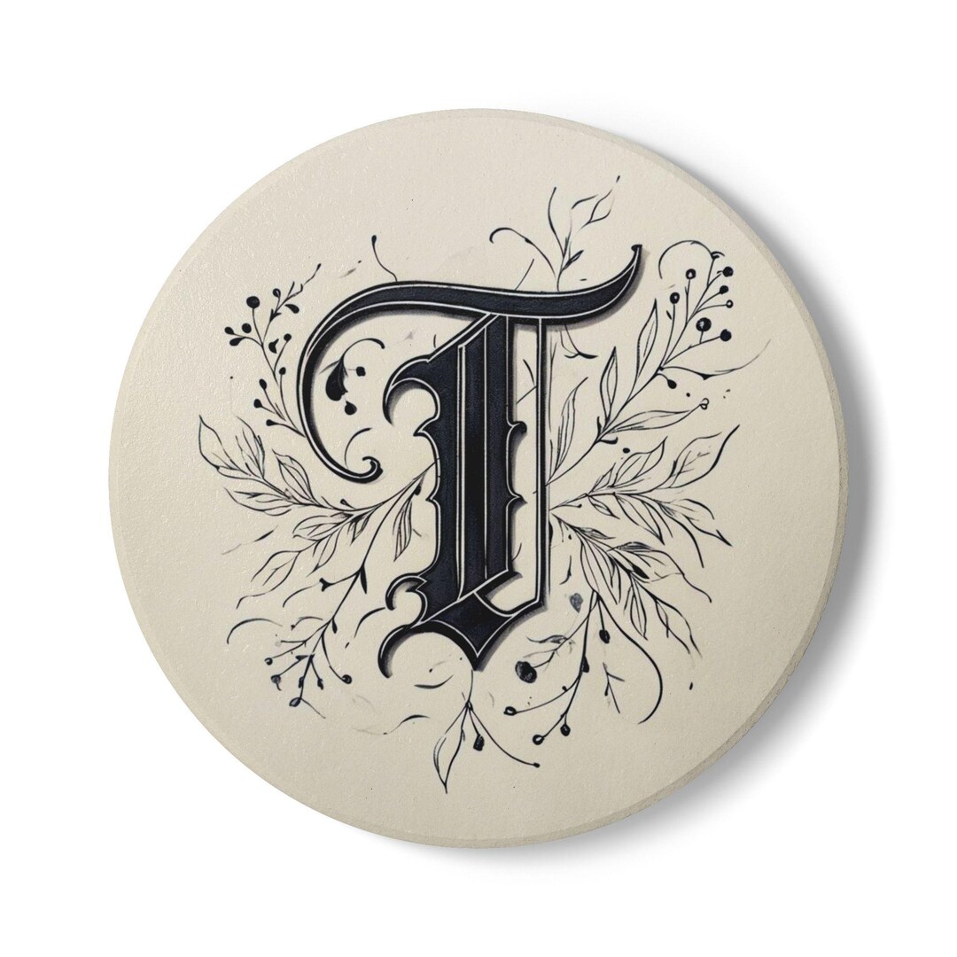 Ornate Letter T Ceramic Coaster | Monogram Initial Tile, Floral Vintage ...