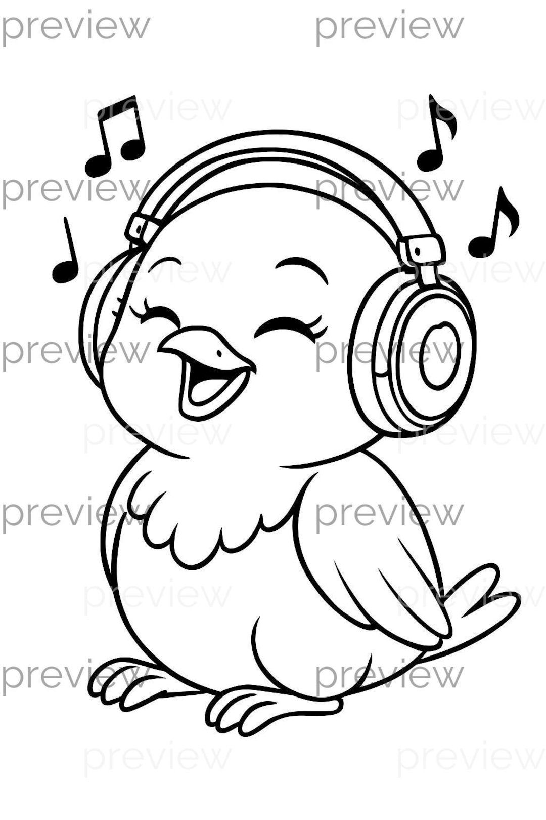Cheerful Cartoon Bird With Headphones Enjoying Music - Printable ...