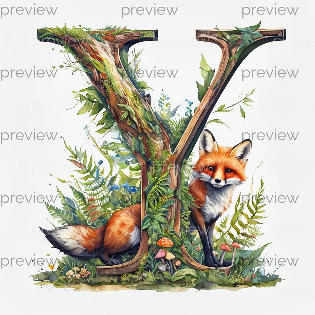 Y Whimsical Letter Y With Fox and Nature Elements - Digital Art for ...