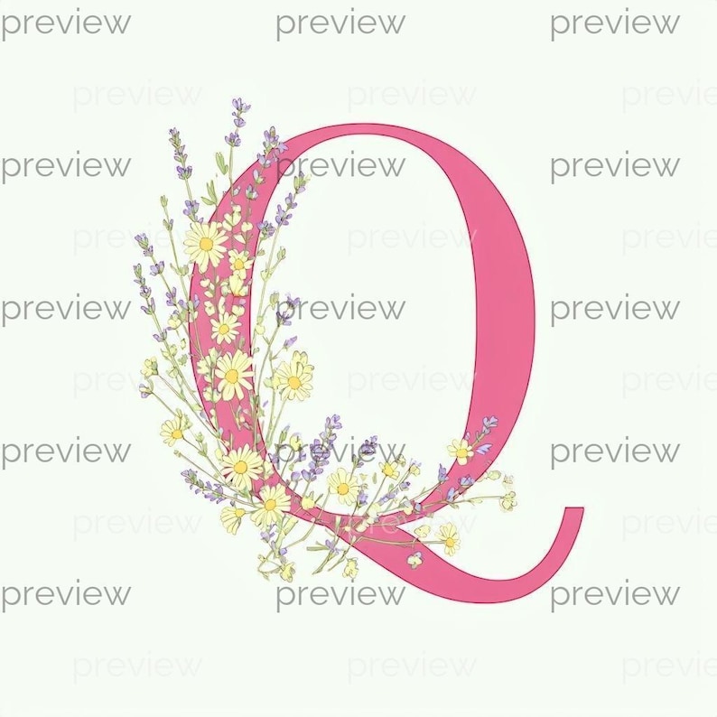 Q Whimsical Pink Q Letter Decor With Floral Accents - Printable Digital ...