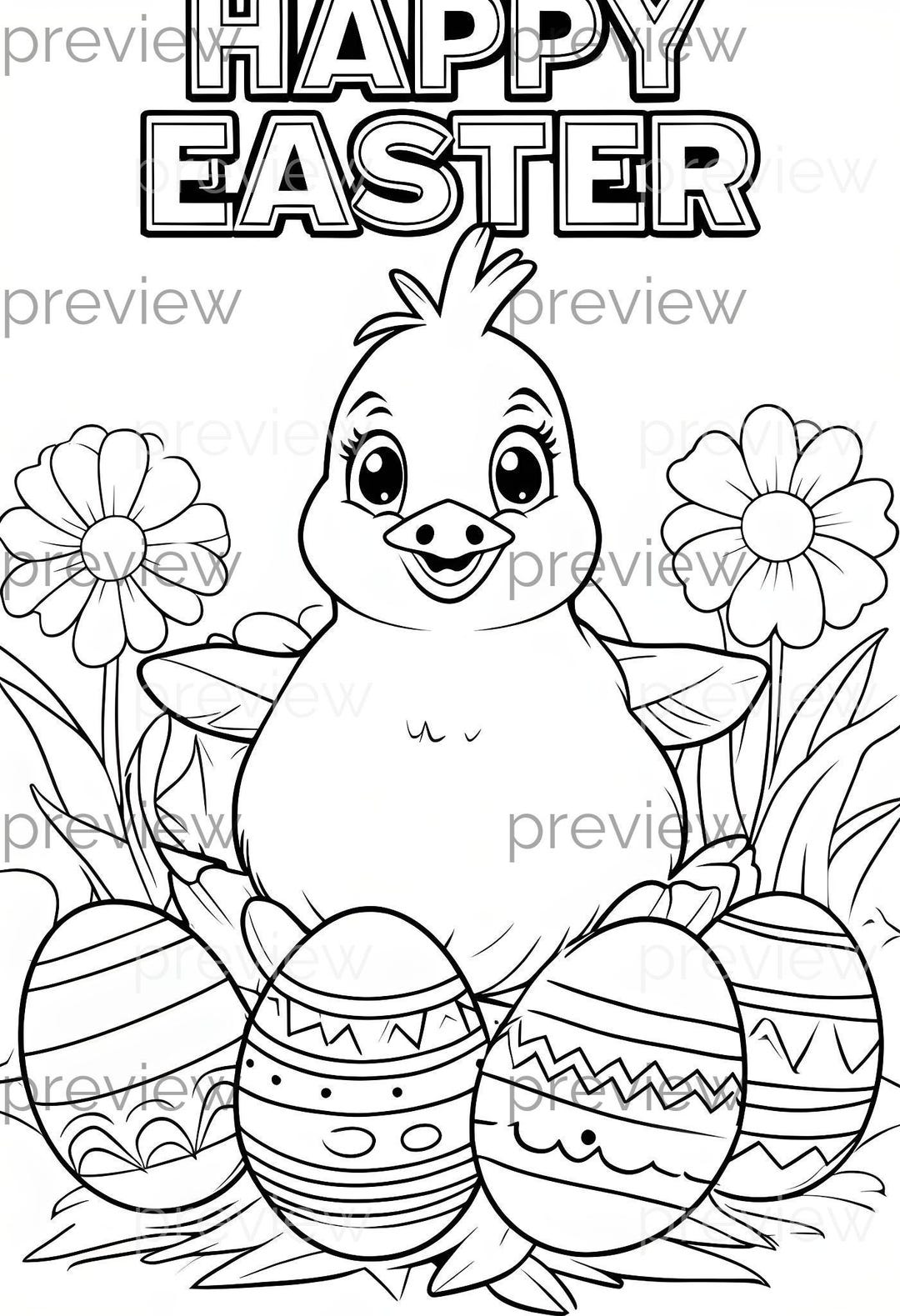 Happy Easter Chicken Coloring Page for Kids - Fun Digital Paper for ...