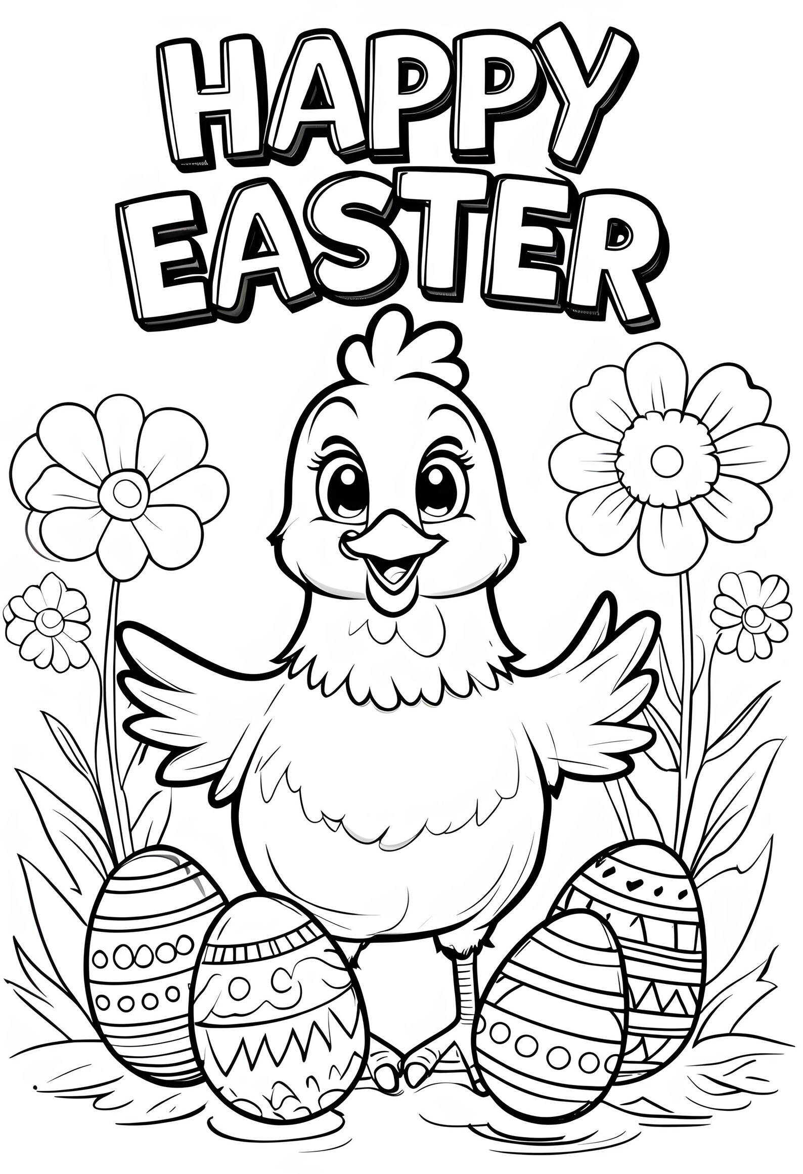 Happy Easter Chick Coloring Page With Flowers and Eggs - Fun Printable ...