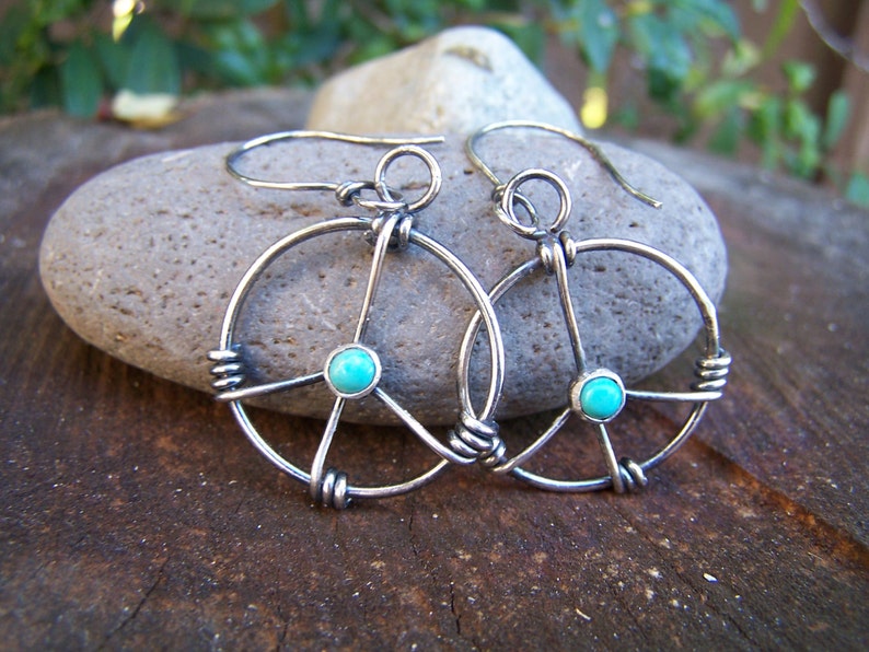 Hand Wrapped Sterling Silver and Turquoise Peace Sign Earrings - Etsy