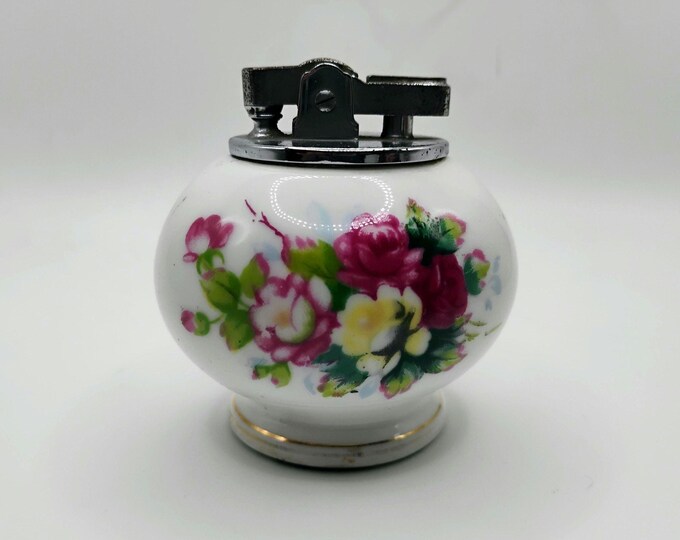 Vintage Floral Tabletop Lighter - White Ceramic With Pink & Yellow ...