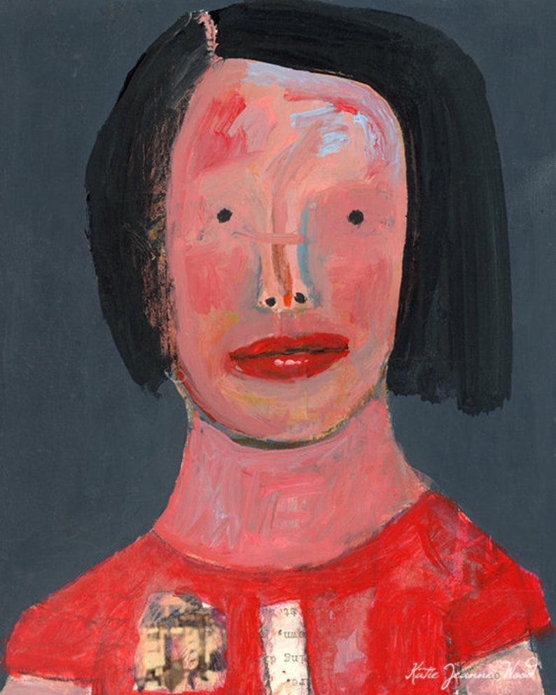 Beady Eyed Woman Portrait Painting Print Quietly Observing | Etsy