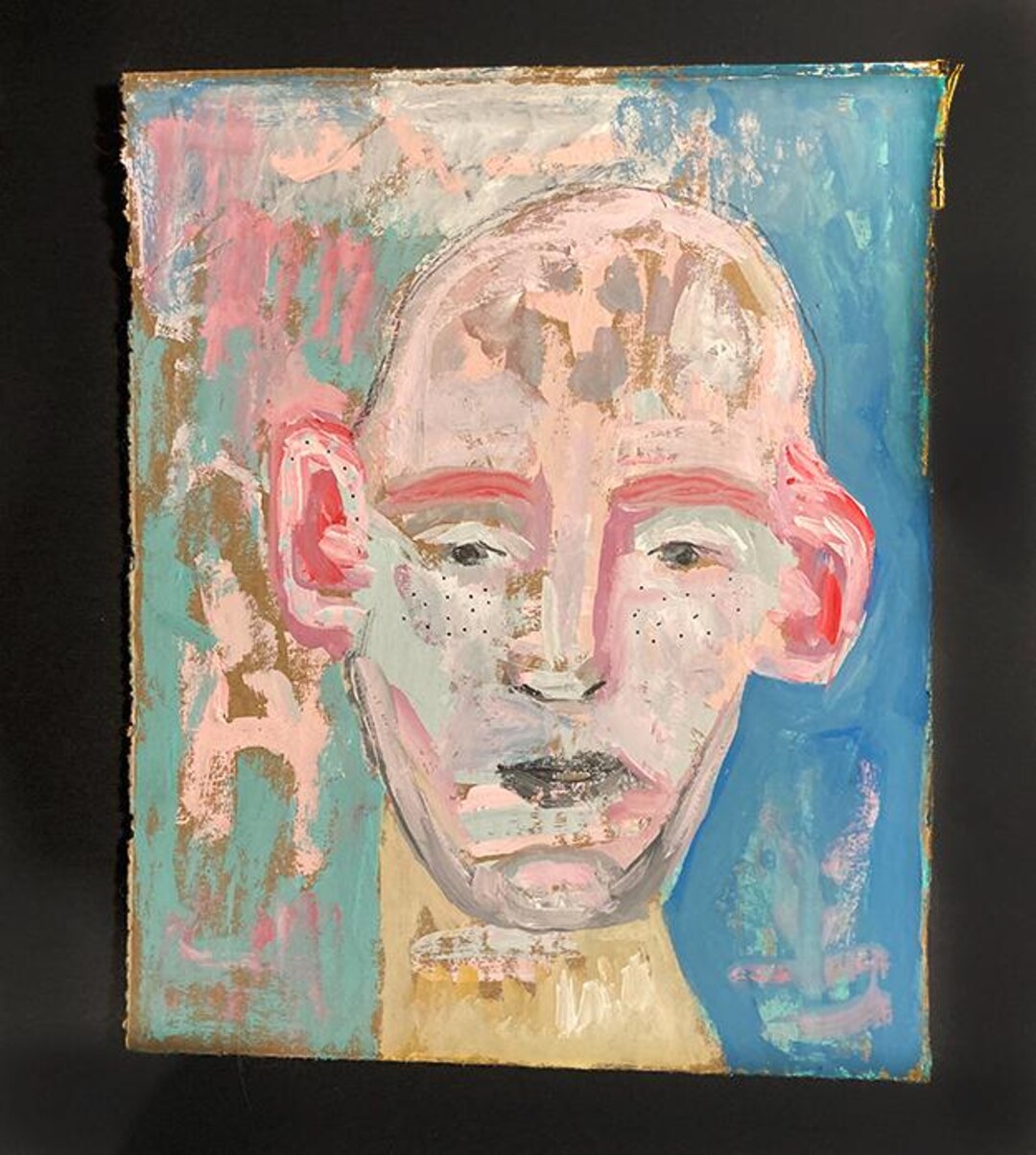 Quirky Naive Portrait Painting Pale Bald Man Wall Art Original Miz ...