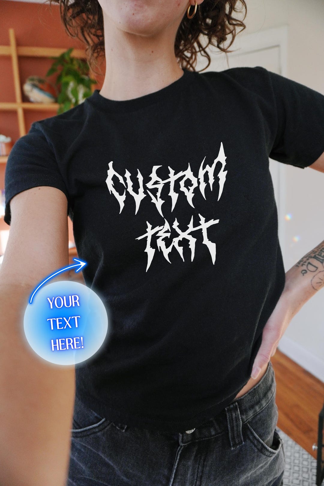Custom Gothic Baby Tee, 90s Y2K Metalcore Editable Text on Crop Top ...