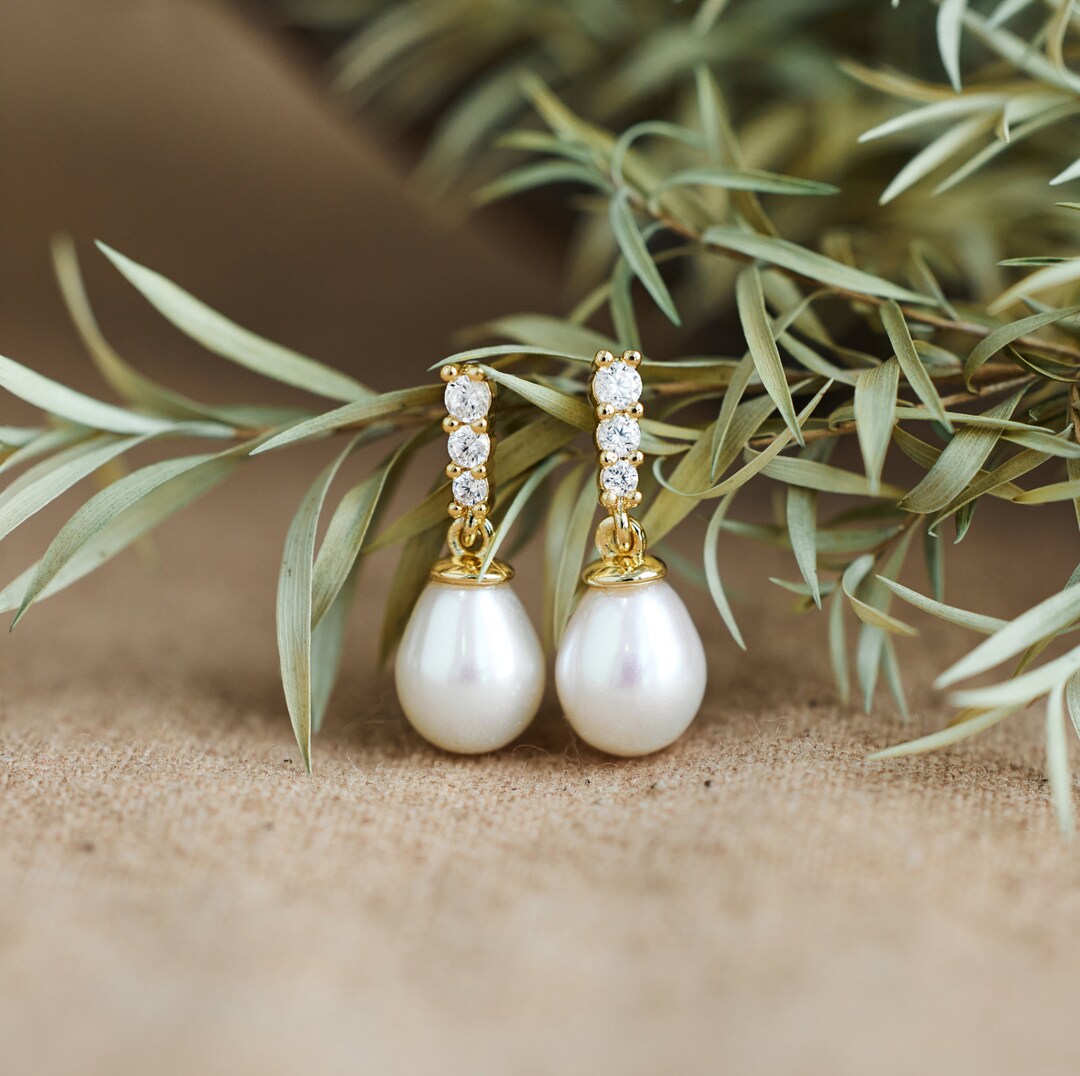 Real Freshwater Pearl Drop Earrings With Diamond, Pearl Dangle Earrings, Bridal Earrings ...