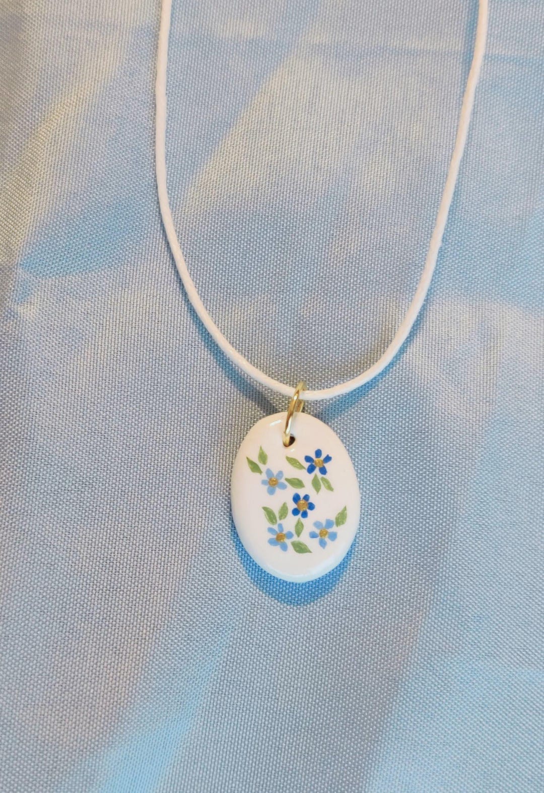 Blue Floral Clay Pendant | Hand Sculpted and Hand Painted | Waxed Cord ...
