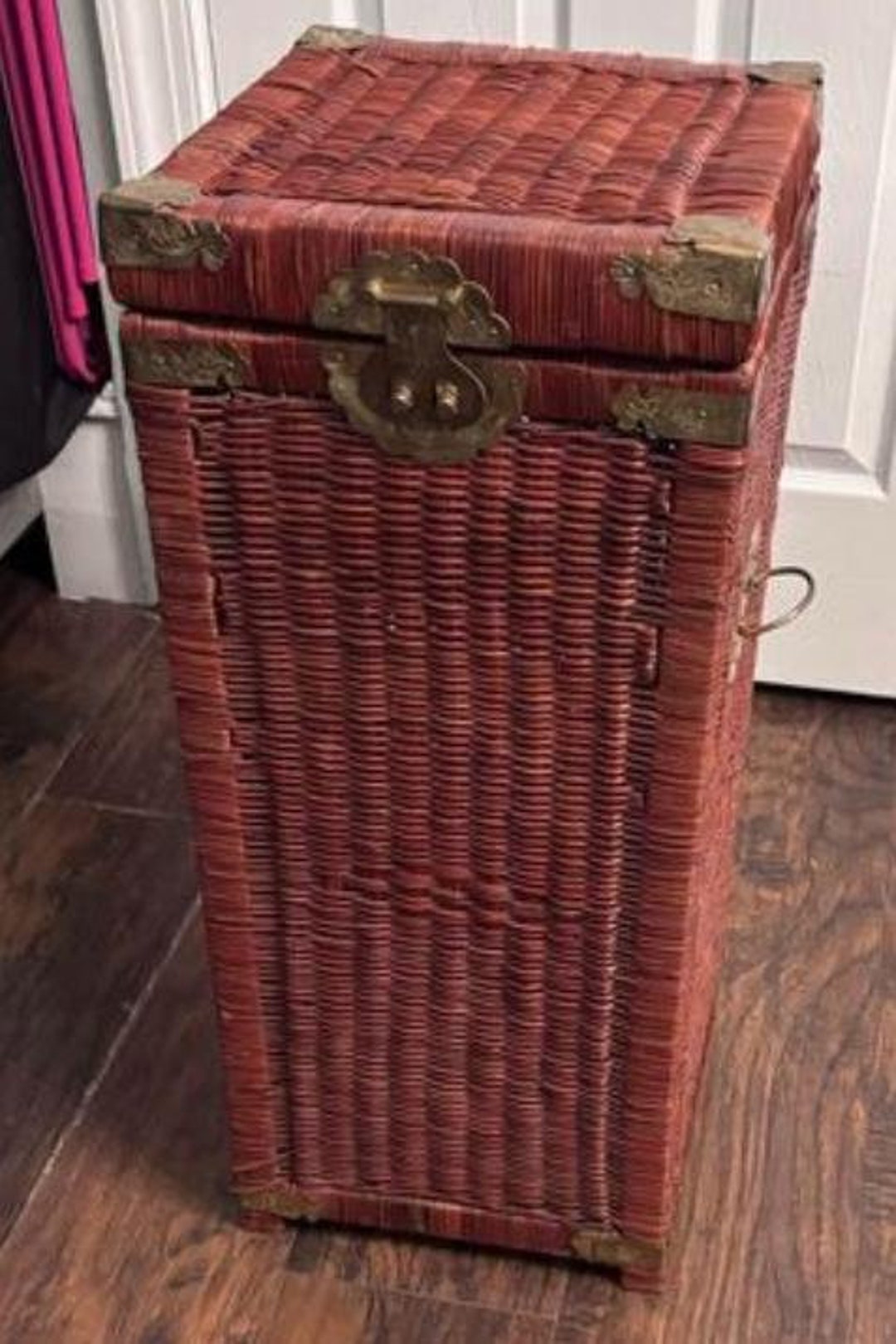 Vintage Rattan Wicker Trunk standing Trunk With Carved Brass Latch and ...